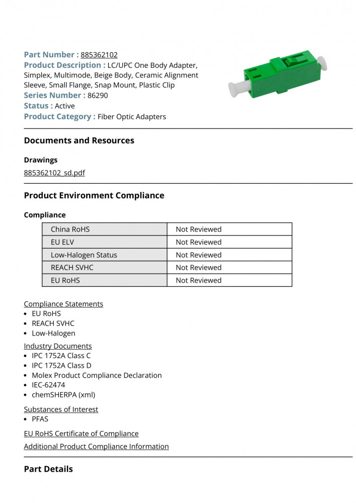 MOLEX 885362102 product drawing preview, page 1