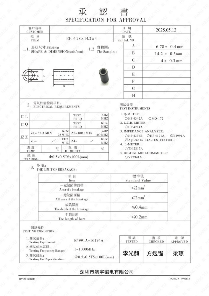 RH6.78×14.2×4 inspection data page