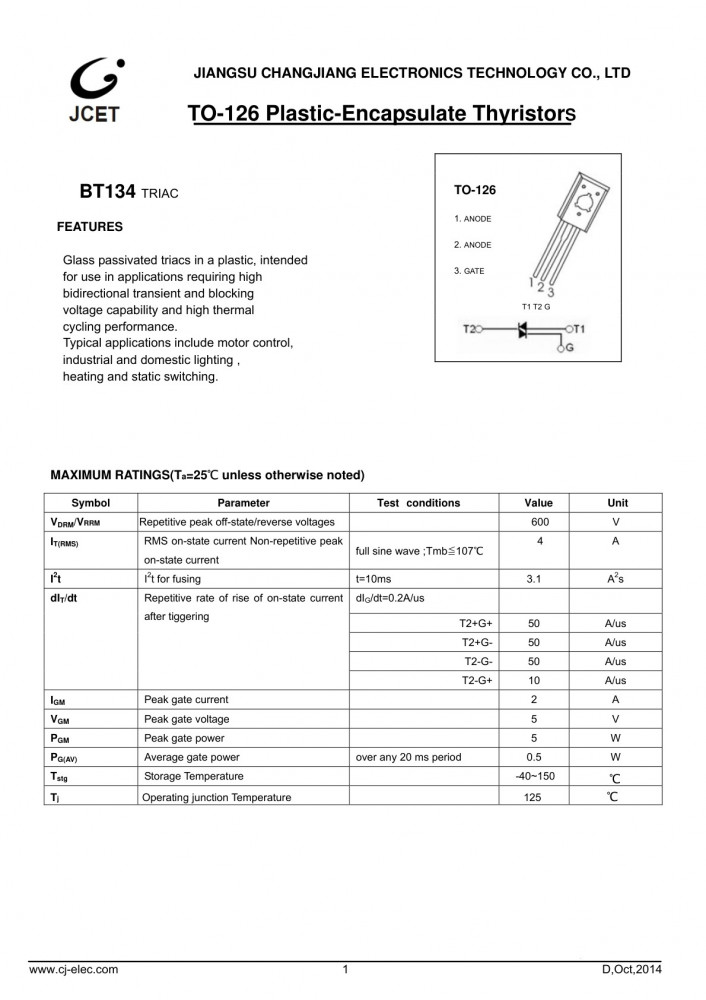 BT134 datasheet page 1