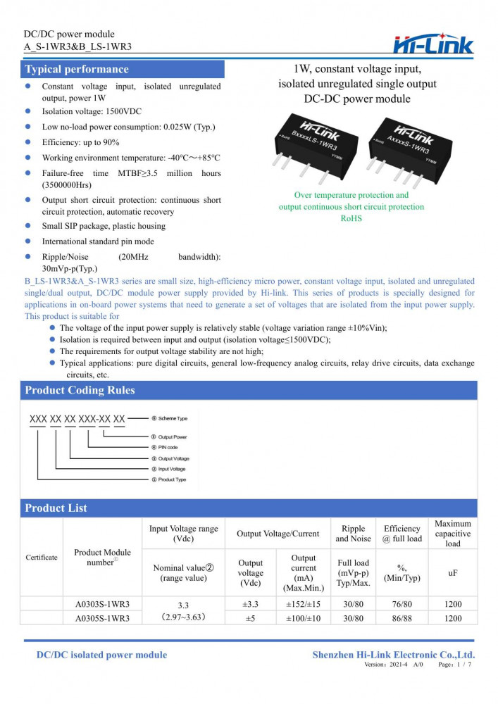 HI-LINK A0305S-1WR3L datasheet page 1