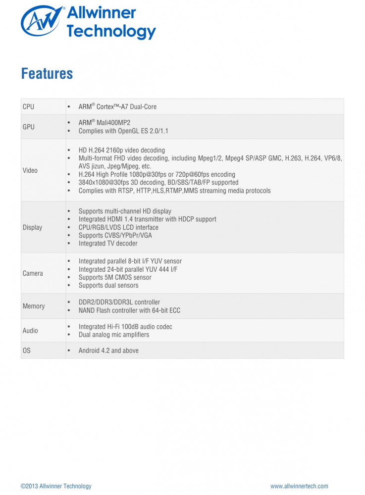 Allwinner A20-H technical document page 2