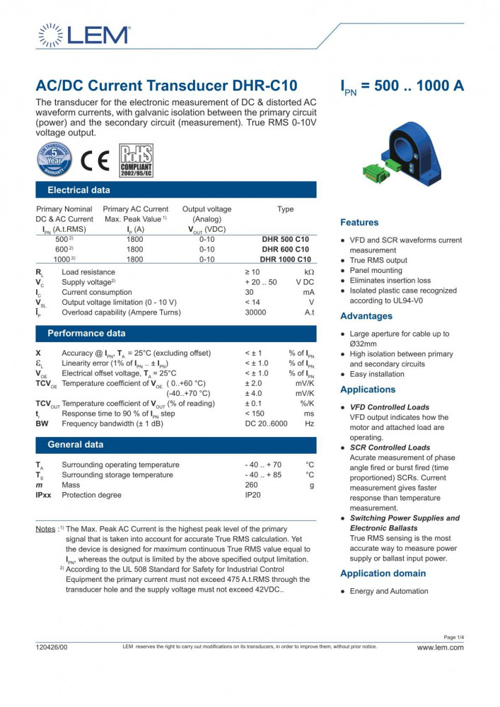 LEM DHR-C10 technical document page 1