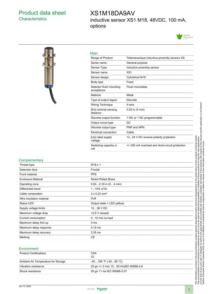 XS1M18DA9AV technical document page 1