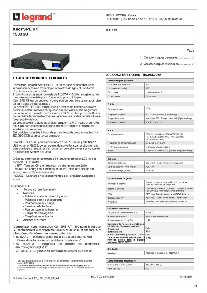 Legrand Keor SPE R/T 1500, model 311069, technical document preview