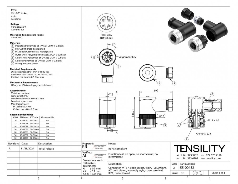 Tensility 55-00432 M12 A-coded 4-pin right-angle socket product drawing
