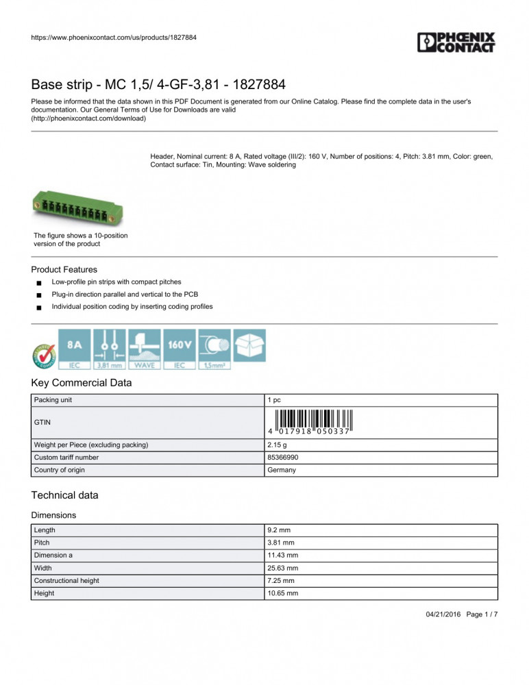 Phoenix Contact 1827884 technical document page 1