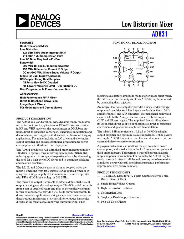 AD831 datasheet page 1