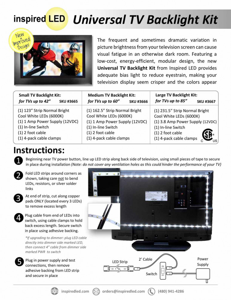 Product documentation image for the Universal TV Backlight Kit