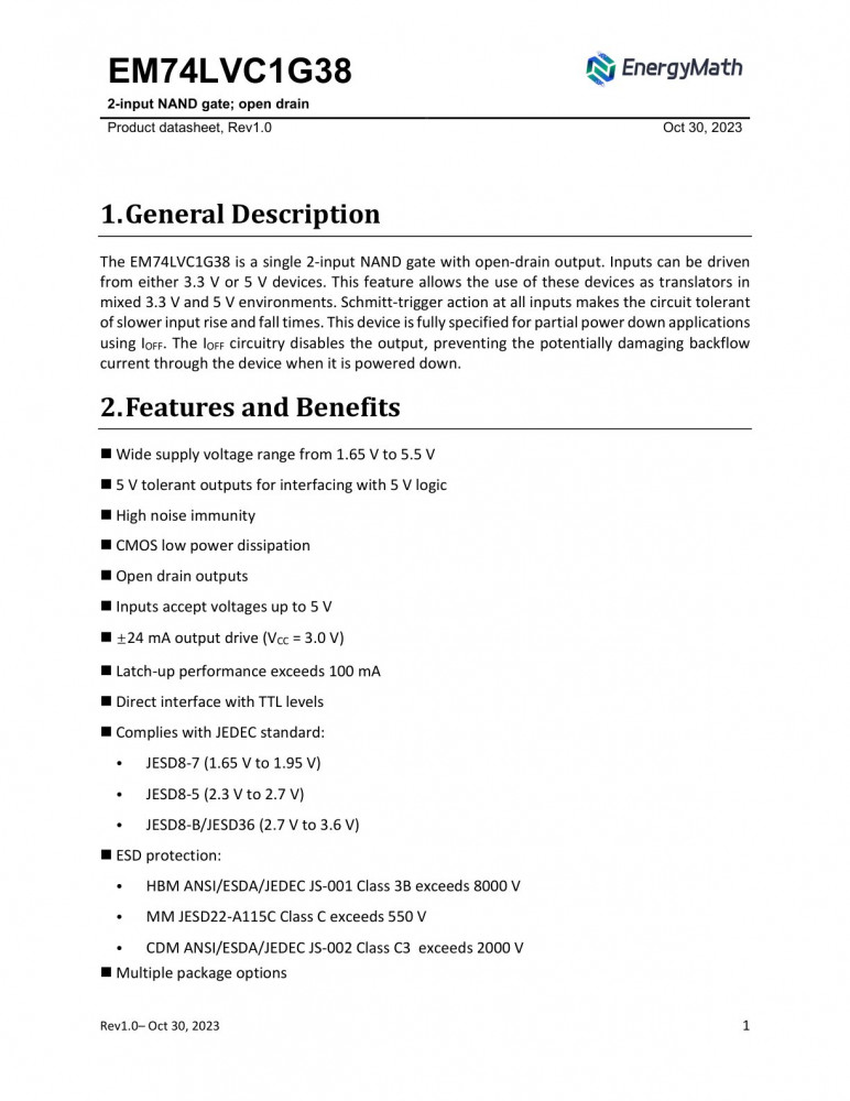EM74LVC1G38GW datasheet page 1