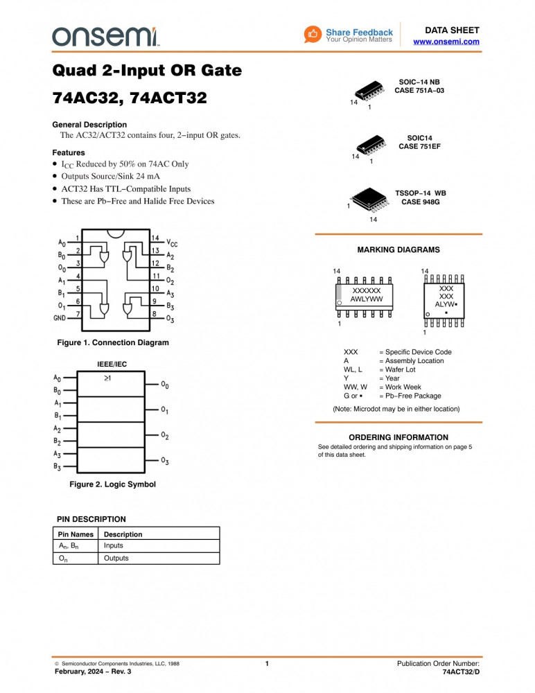74AC32 datasheet page 1