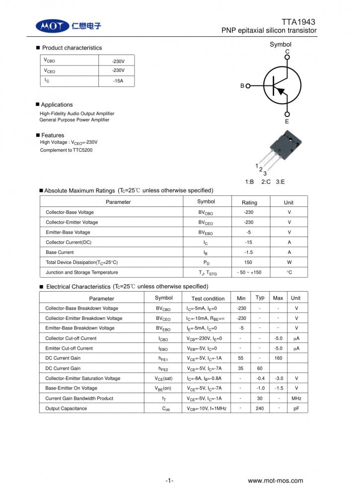 TTA1943-MOT datasheet page 1