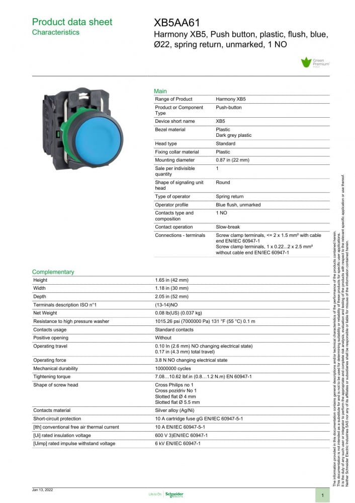 XB5AA61 technical document page 1