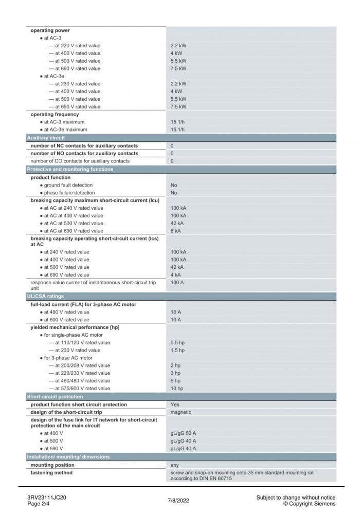 3RV23111JC20 technical document page 2