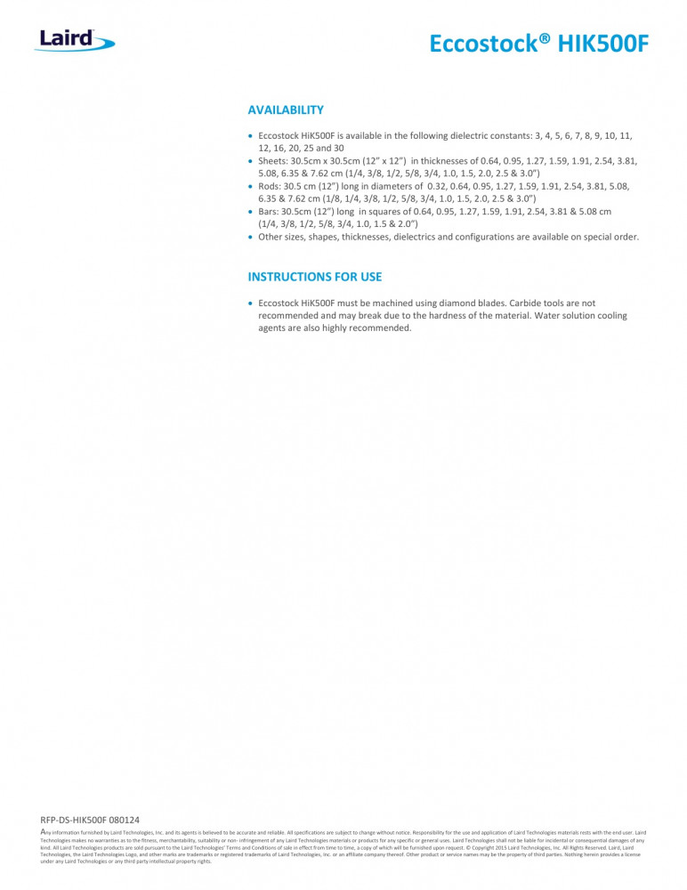 Laird ECCOSTOCK HiK500F technical document page 2