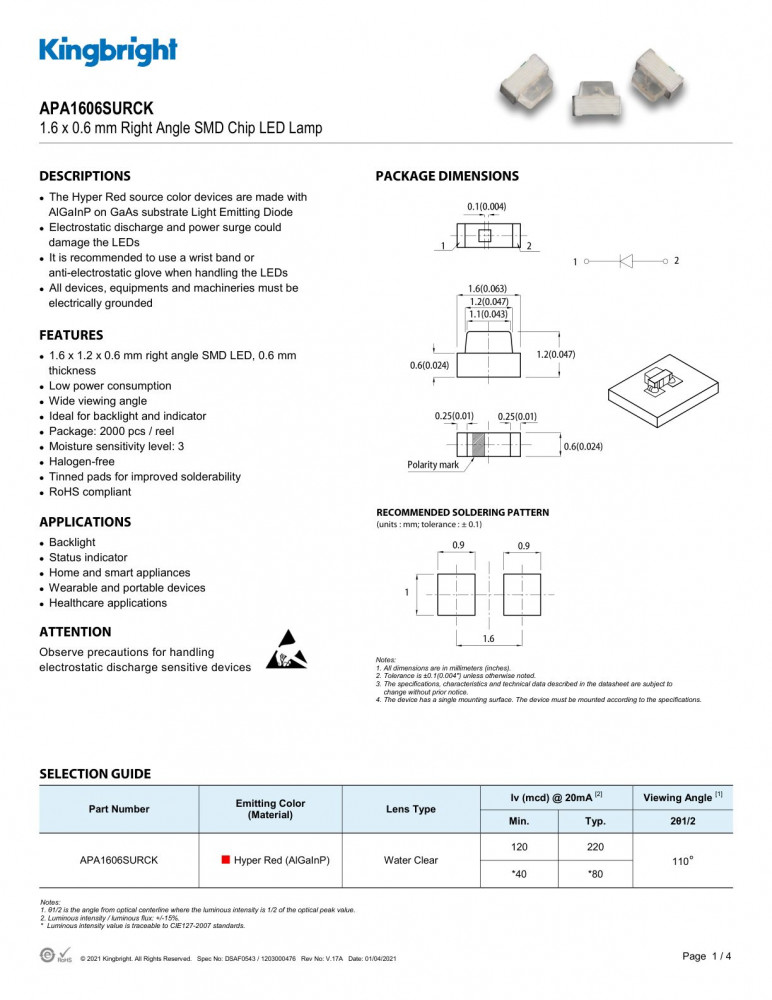 APA1606SURCK datasheet page 1