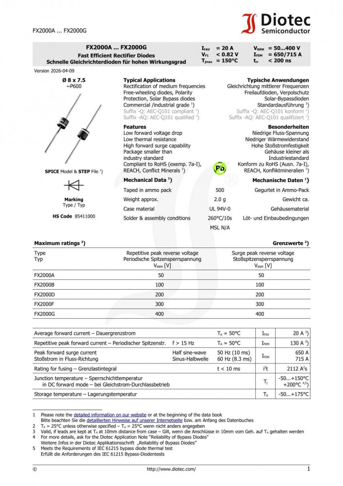 DIOTEC FX2000A series datasheet page 1