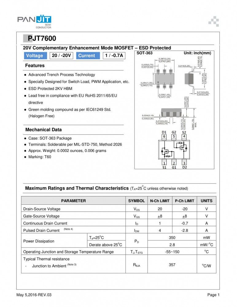 PJT7600 datasheet page 1