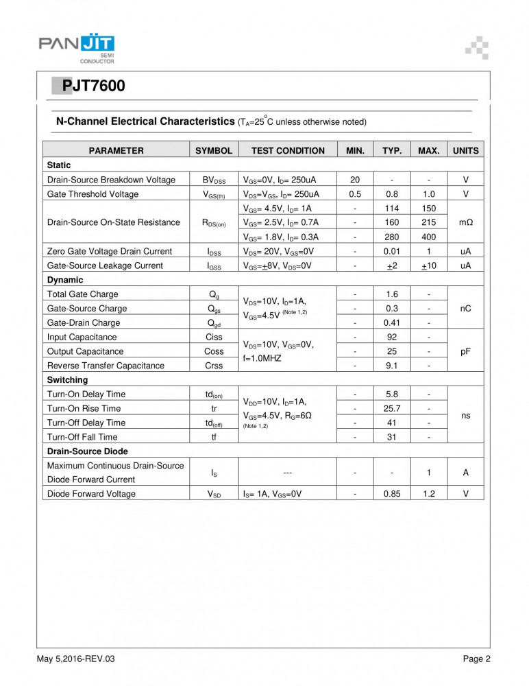PJT7600 datasheet page 2