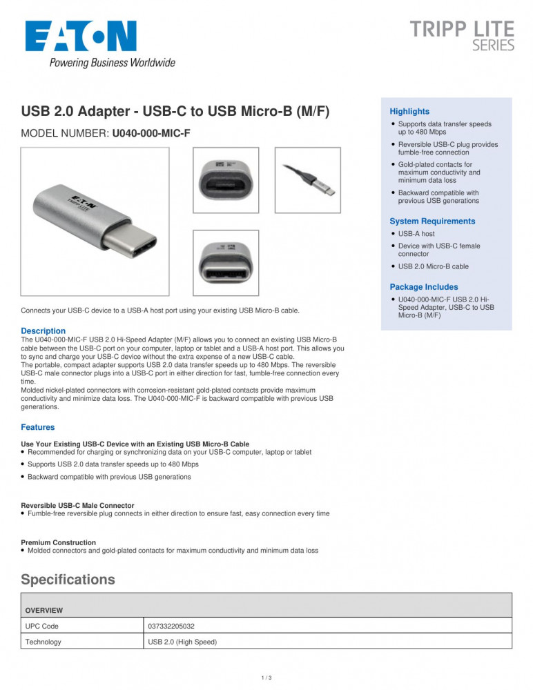 U040-000-MIC-F documentation page 1