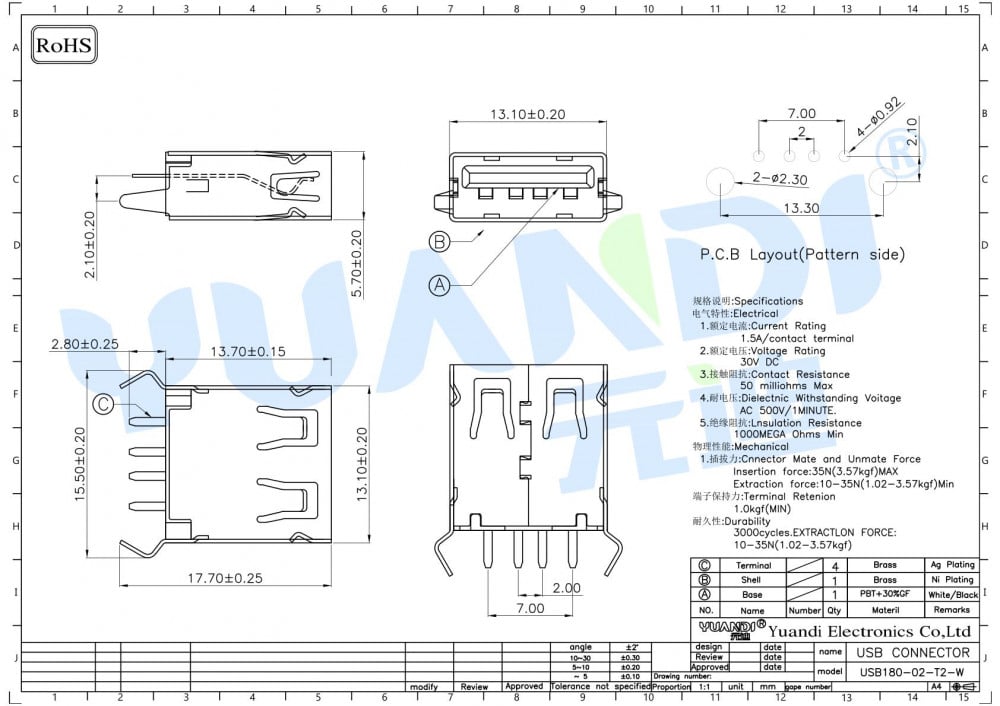 YUANDI USB180-02-T2-W technical drawing and specification sheet