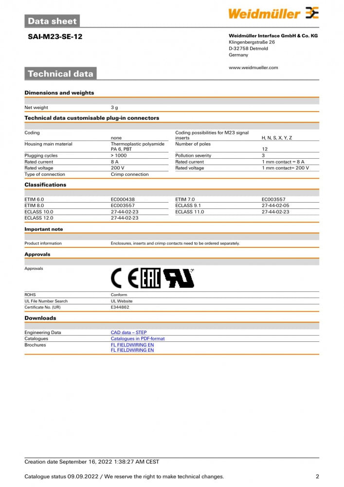 WEIDMULLER M23 technical data