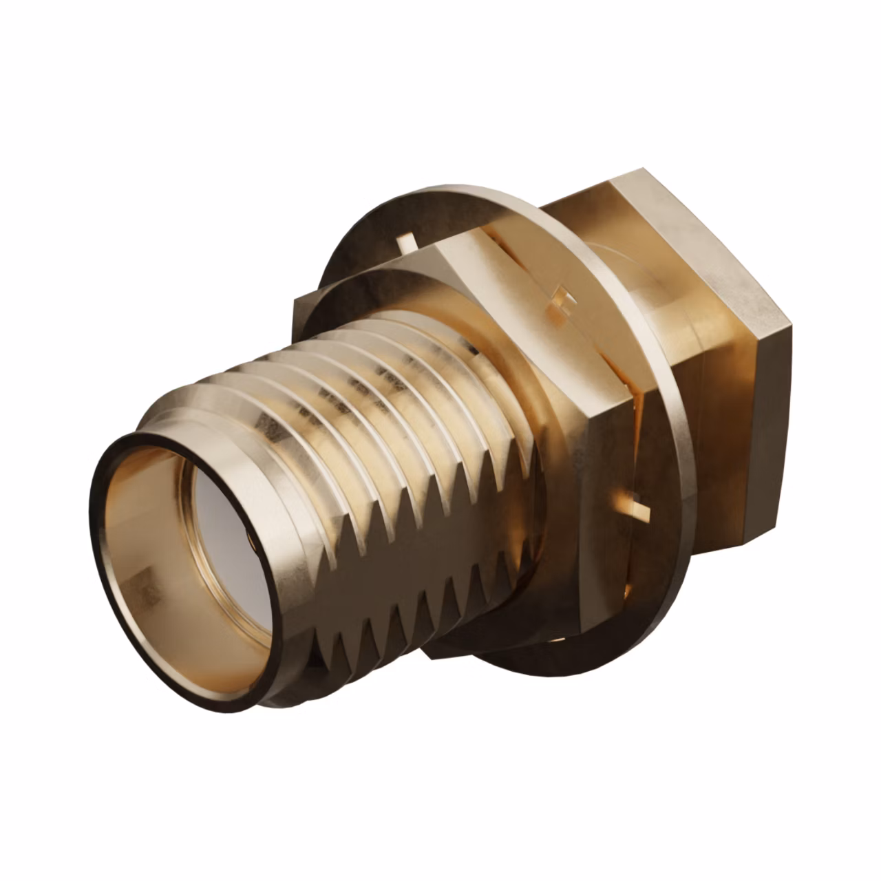SMA Jack, Straight, Bulkhead, Solder Cup Contact, Nut and Lockwasher Included, Body Stainless Steel, Gold (Au) Plated, Bag, 50 Ohms for sale