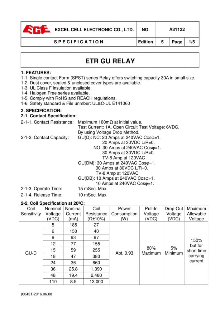 ECE ETR GU relay specification page 1