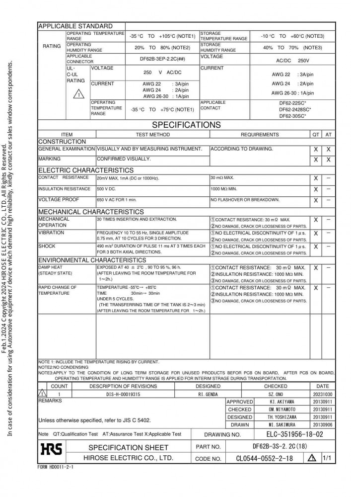 HRS DF62B-3S-2.2C(18) specification sheet