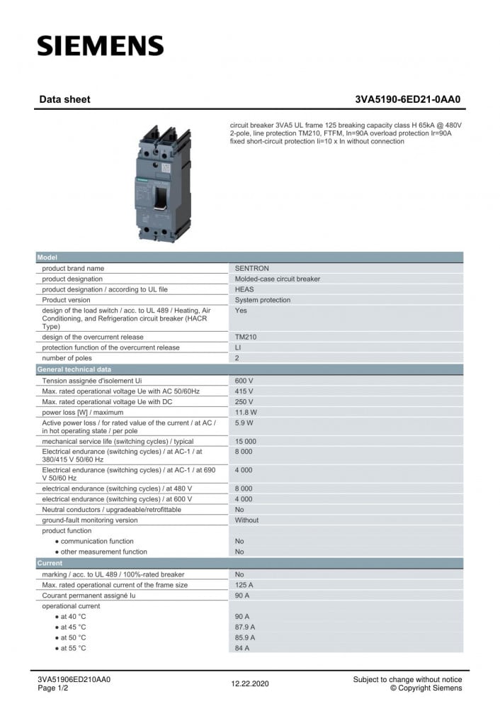3VA5190-6ED21-0AA0 technical document page 1