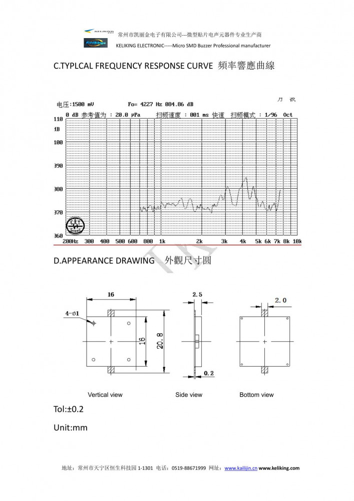 KLJ-1625 frequency response and drawing page 3