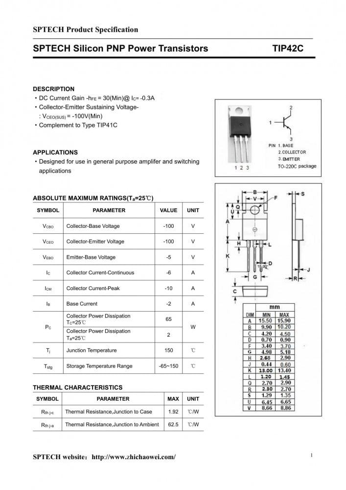 SPTECH TIP42C datasheet page 1
