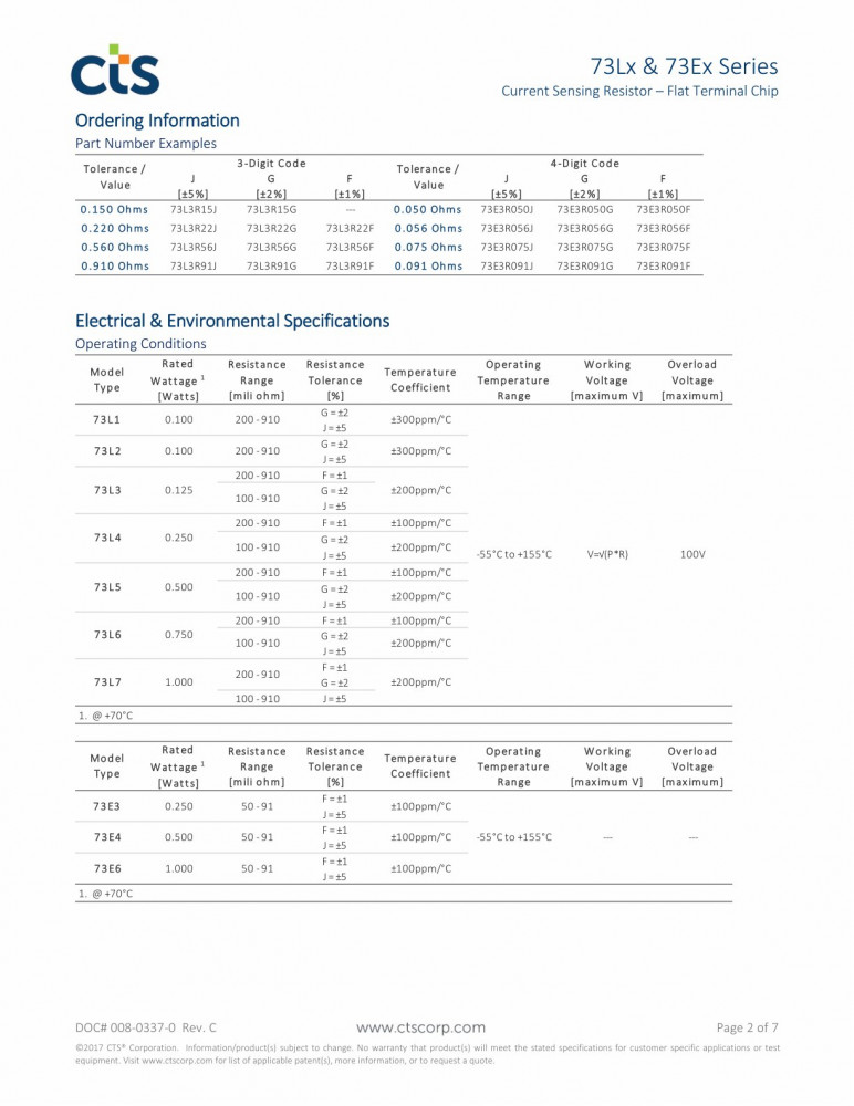 CTS 73Lx and 73Ex series datasheet page 2