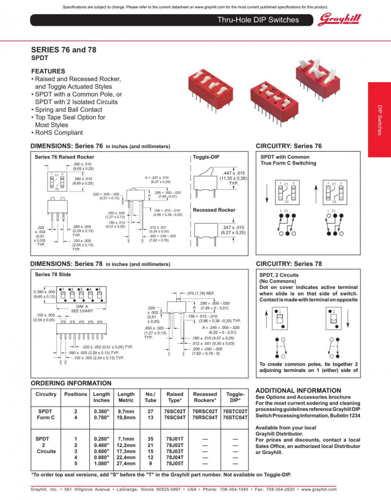 Grayhill Series 76 and 78 DIP switch documentation page 1