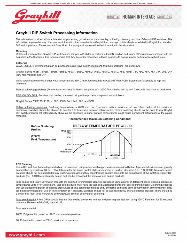 Grayhill Series 76 and 78 DIP switch documentation page 3