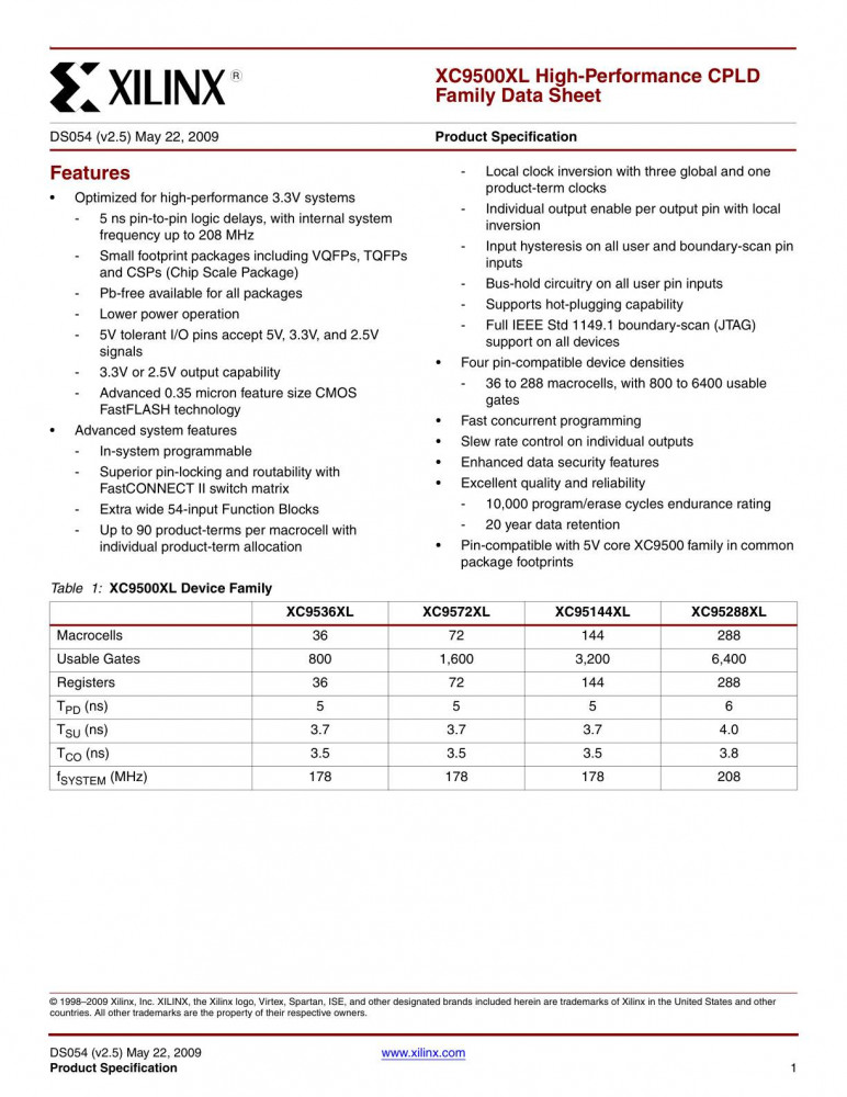 XC95288XL technical document page 1