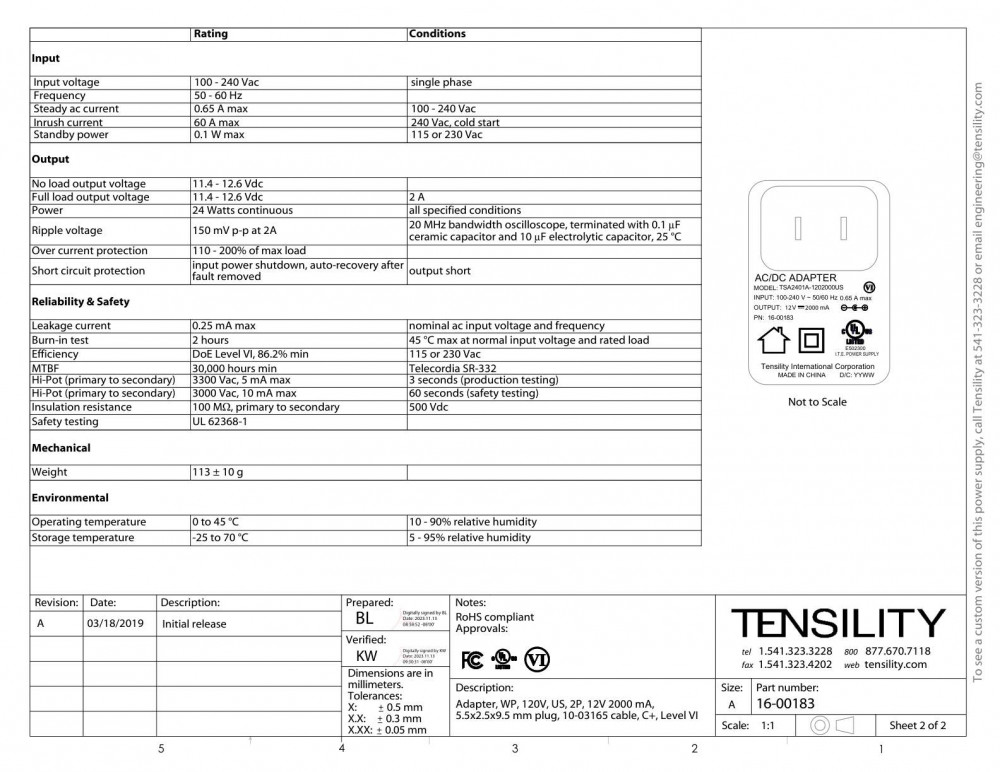 Tensility 16-00183 electrical and environmental specification page