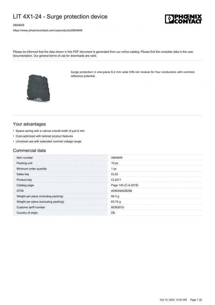 Phoenix Contact 2804649 technical document page 1