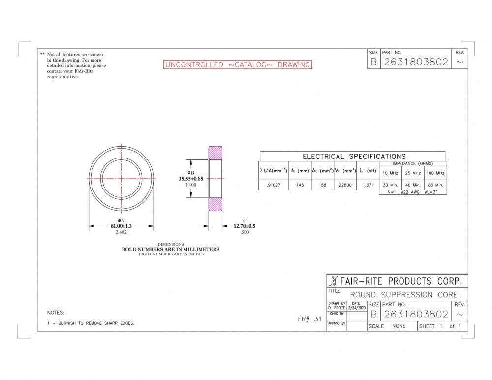 Fair-Rite 2631803802 technical drawing
