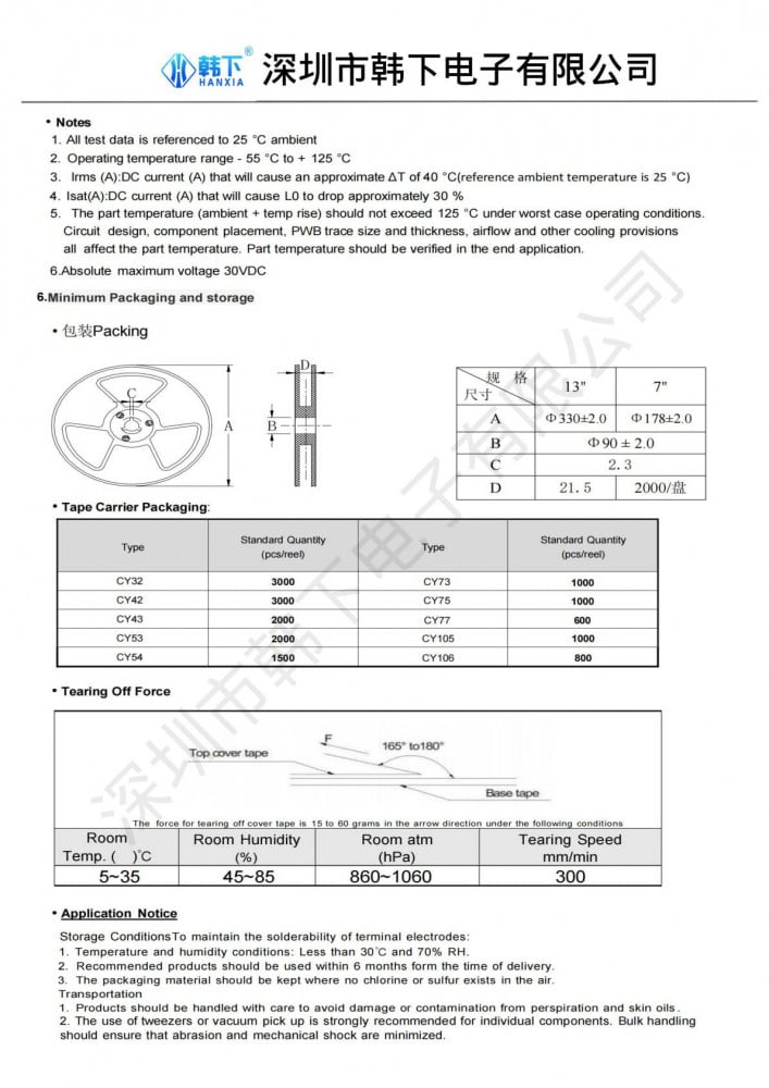 HX CY43-4.7UH packaging and storage