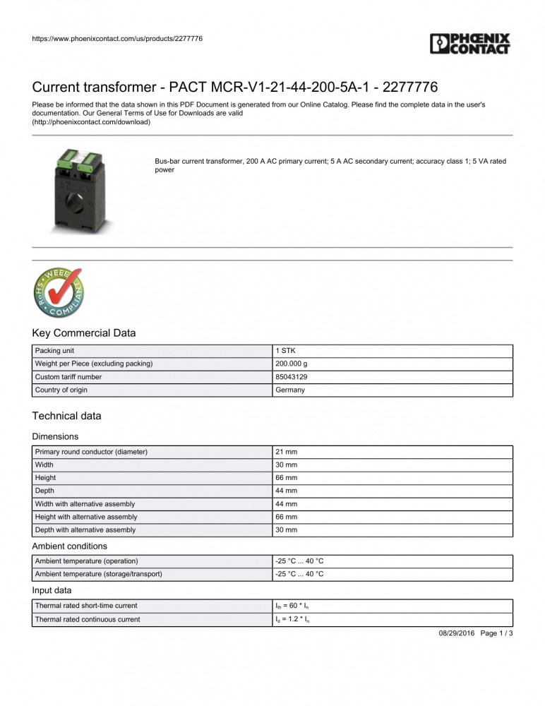 Phoenix Contact 2277776 product document page 1