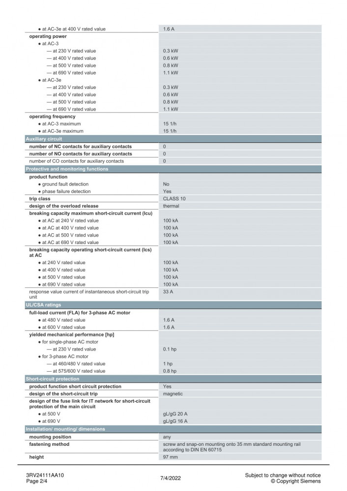 SIEMENS 3RV24111AA10 datasheet page 2