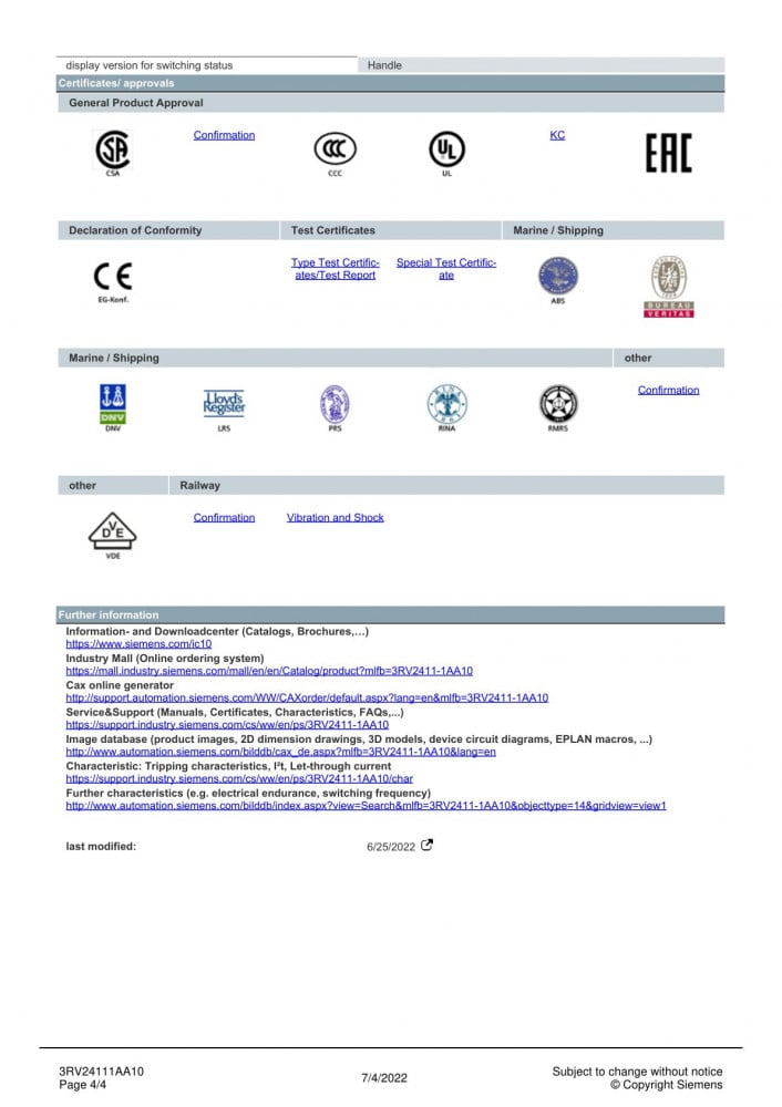 SIEMENS 3RV24111AA10 datasheet page 4