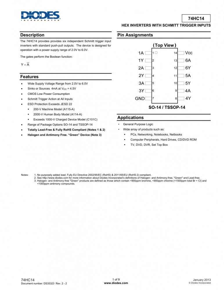 74HC14S14-13 datasheet page 1