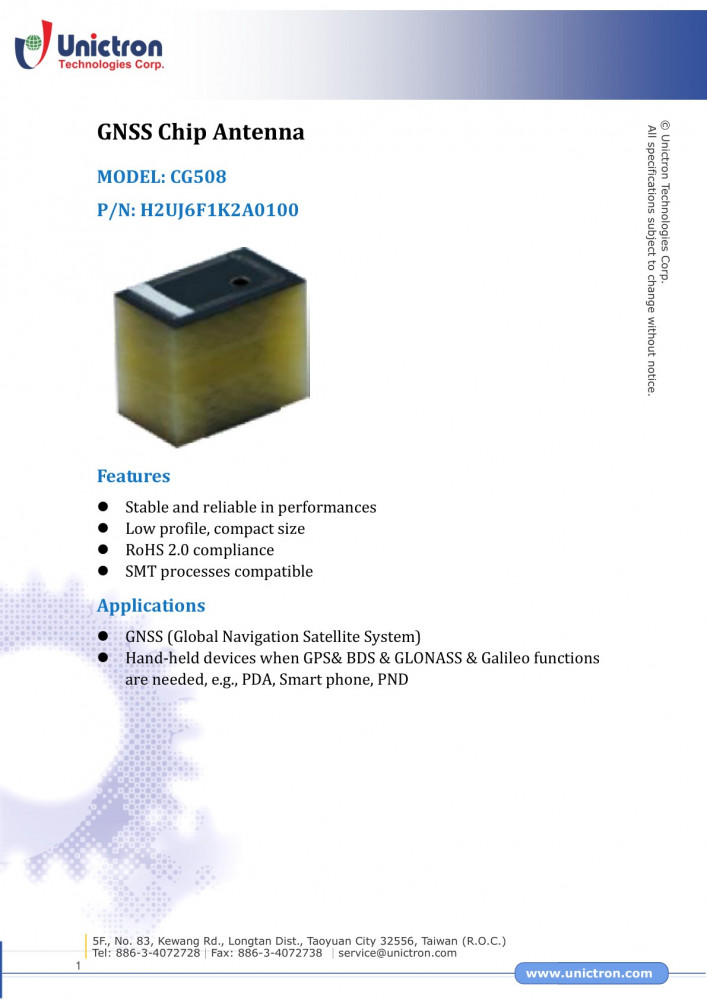 Unictron CG508 GNSS chip antenna technical document page 1