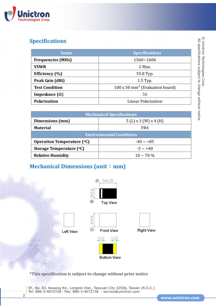 Unictron CG508 GNSS chip antenna technical document page 2