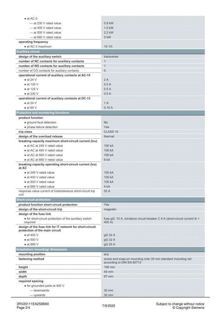 SIEMENS 3RV20111EA250BA0 datasheet page 2