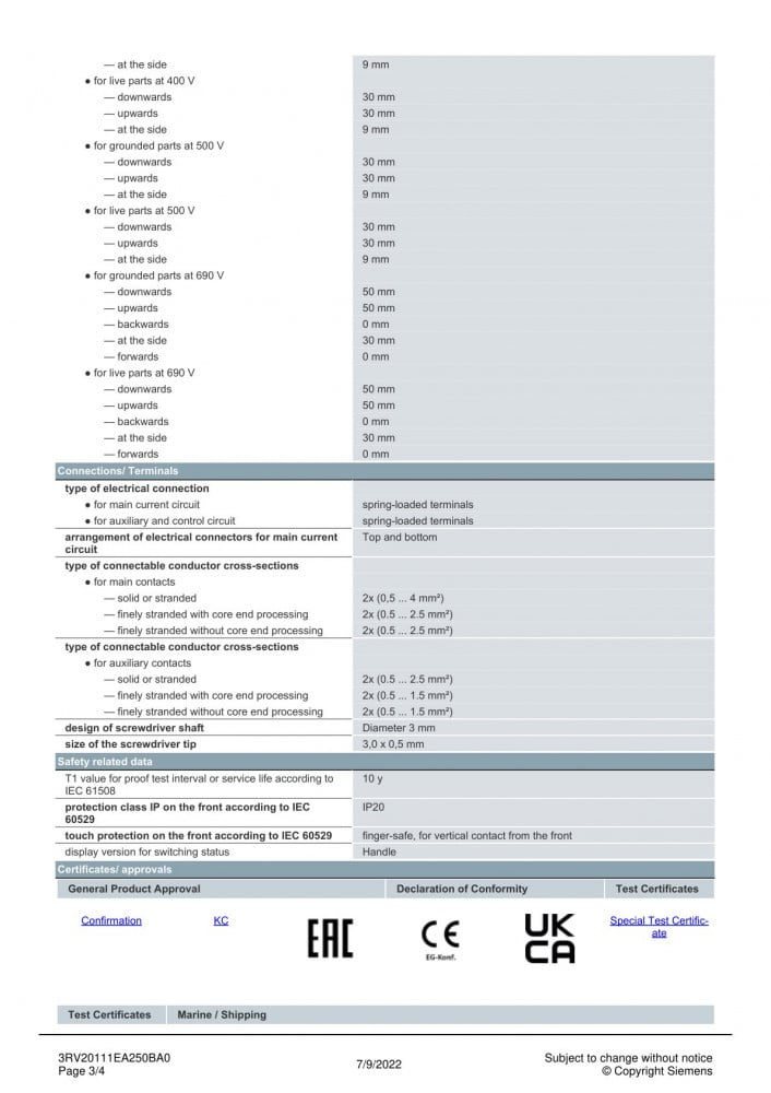 SIEMENS 3RV20111EA250BA0 datasheet page 3