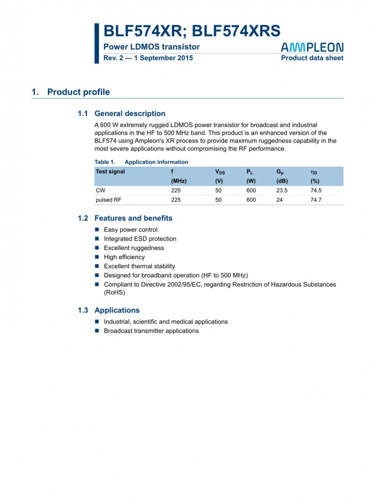 BLF574XR datasheet page 1