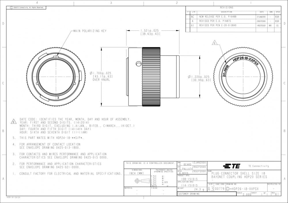 TE Connectivity controlled drawing preview for HDP26 connector