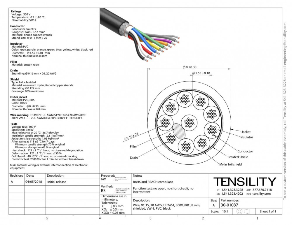 Tensility International 30-01087 cable product drawing
